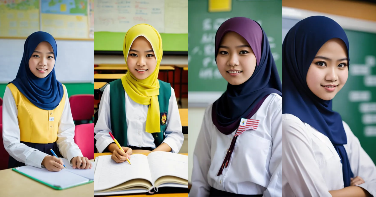 Lexica - Malaysia girl student, with tudung, school uniform, infront of ...