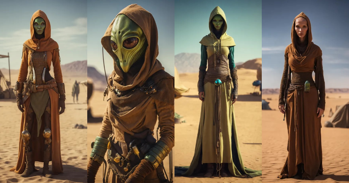 Lexica - Very slim and tall female alien creature merchant on a desert ...