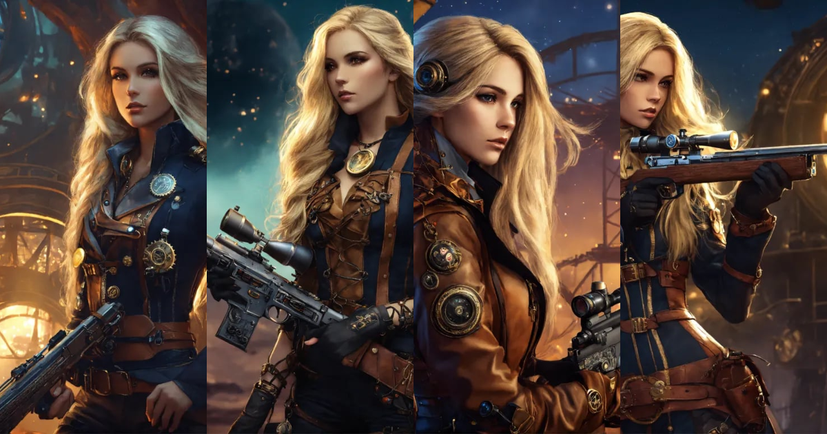 Lexica - A female sniper with long blond hair in a Farwest Steampunk outfit in a dark fantasy ...