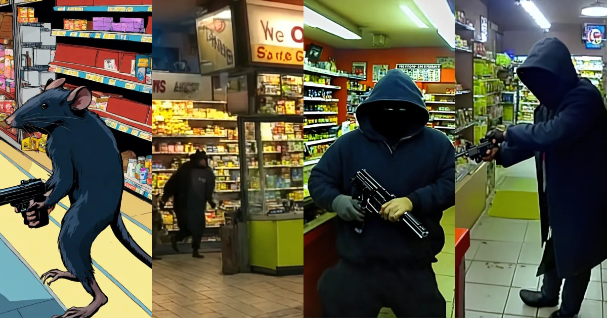 Lexica - Cctv recording of human like rat robbing store with a gun