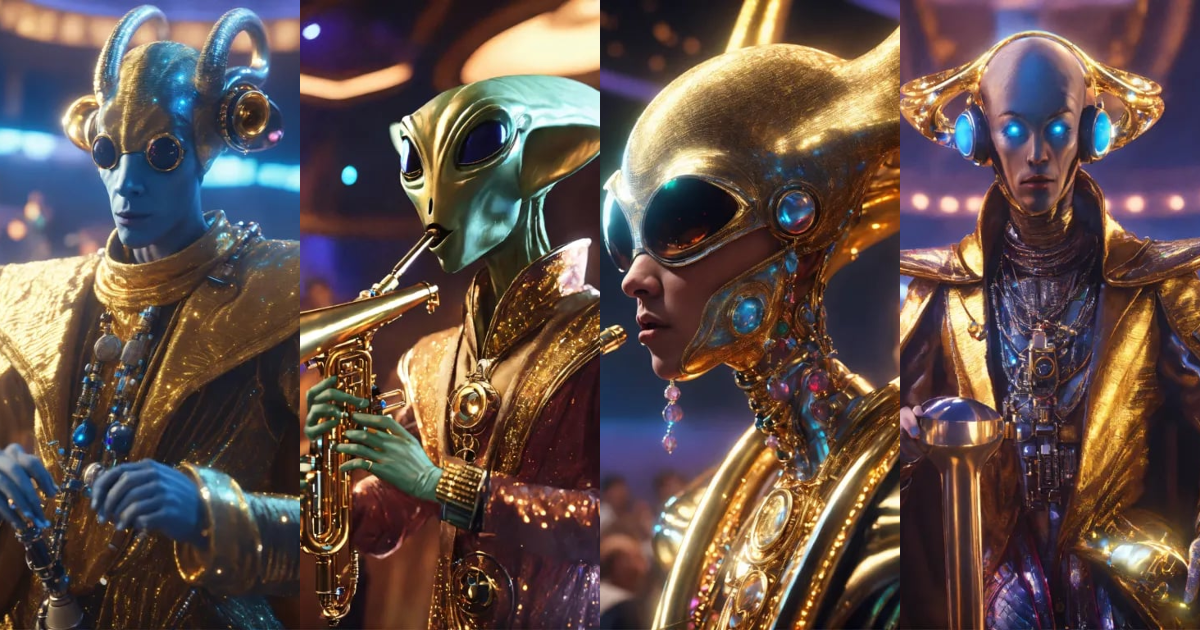 Lexica - Zoom out from a funny male alien humanoid wearing a fancy ...