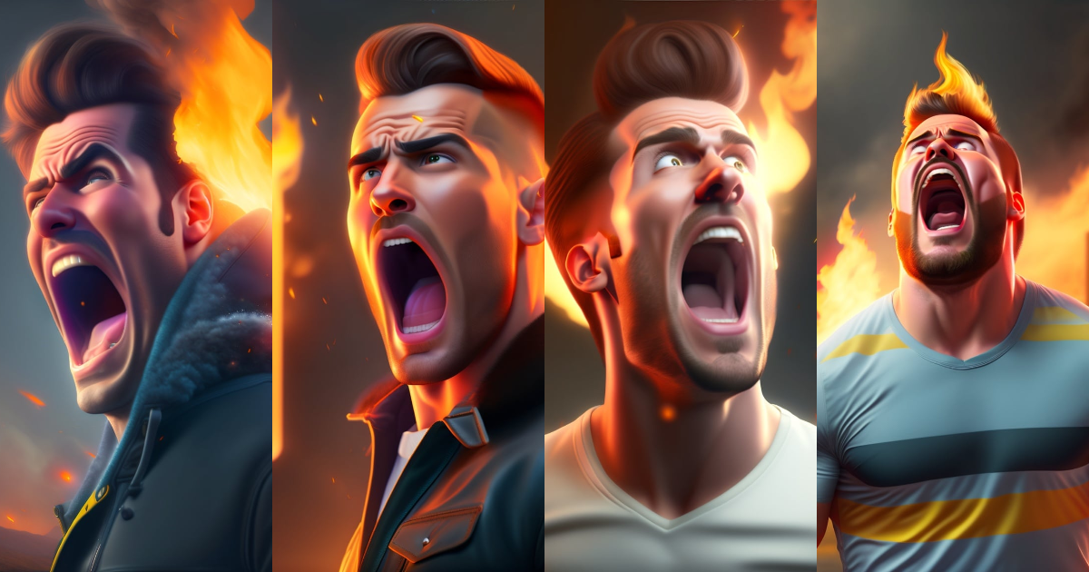 Lexica - Man frustrated, looking up, shouting, and there's fire in the ...