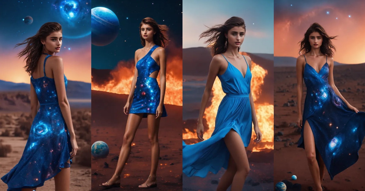 Lexica - TAYLOR HILL in a burning BLUE MINI DRESS on a desolate planet ...