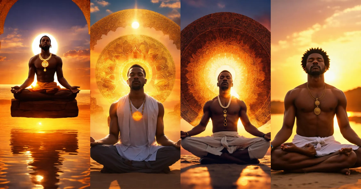 Lexica - Black man meditating his kundalini rising, sun set, hd