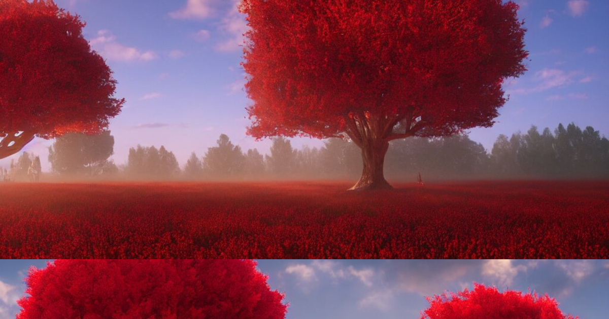 Lexica - A big red tree in the middle of a battlefield near a bunch of red flowers at sunrise ...