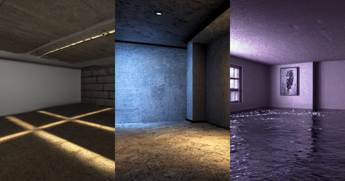 Lexica - Dark flooded empty basement, ambient light, hyper realistic, 3 ...