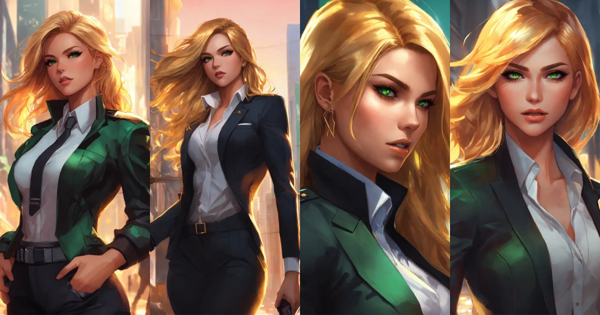 Lexica - Illustration of city, female fbi agent, green eyes, golden ...