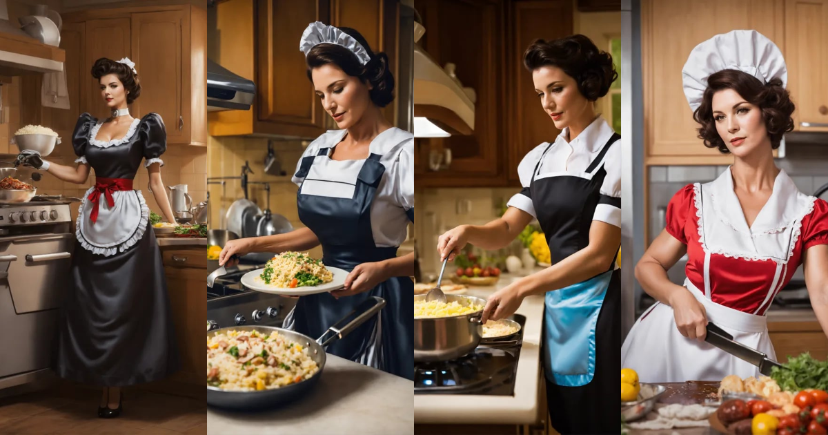 Lexica - Beautiful older brunette 40s french maid mom robot maid with ...