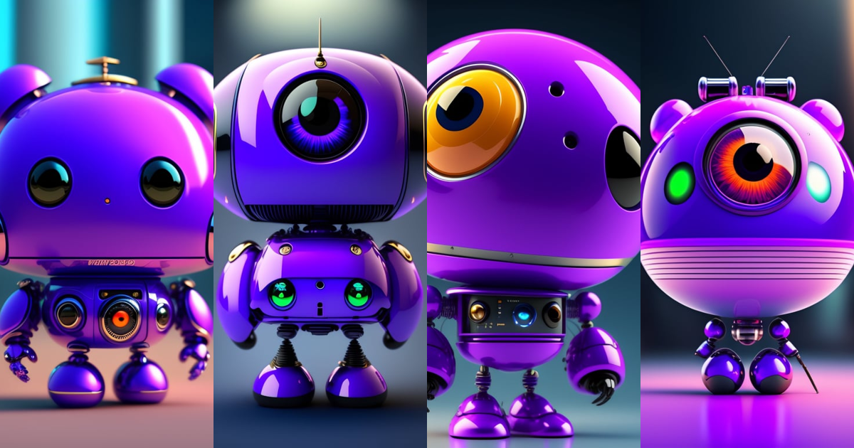 Lexica - A cute violet robot with big eye surrounded using a computer
