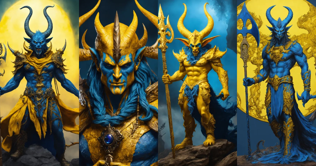 Lexica - Evil demonic yellow and blue devil, holding a trident, ominous ...