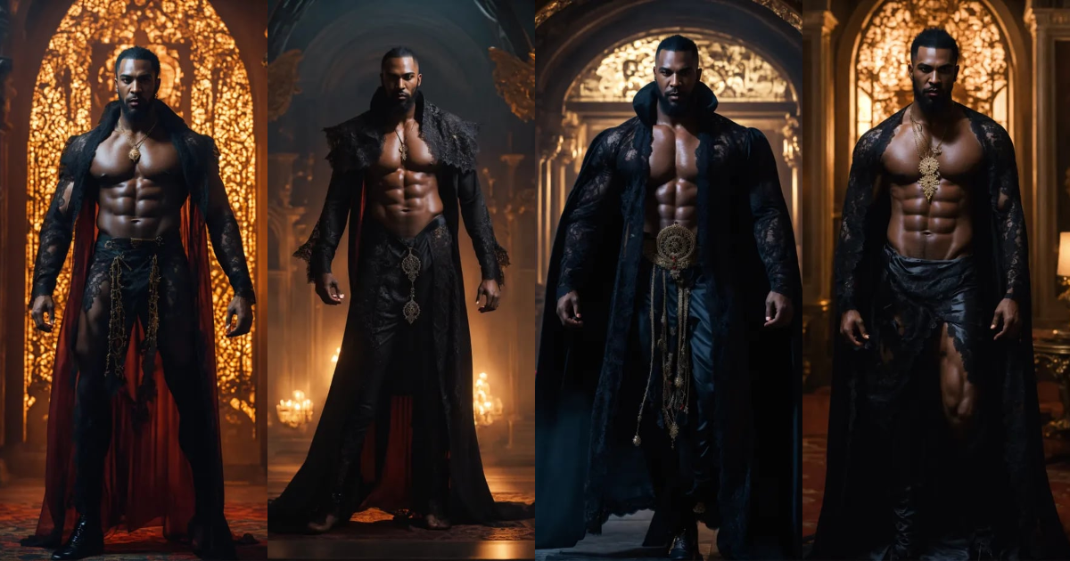 Lexica - Full shot of a black vampire god in beautiful sheer lace robe ...