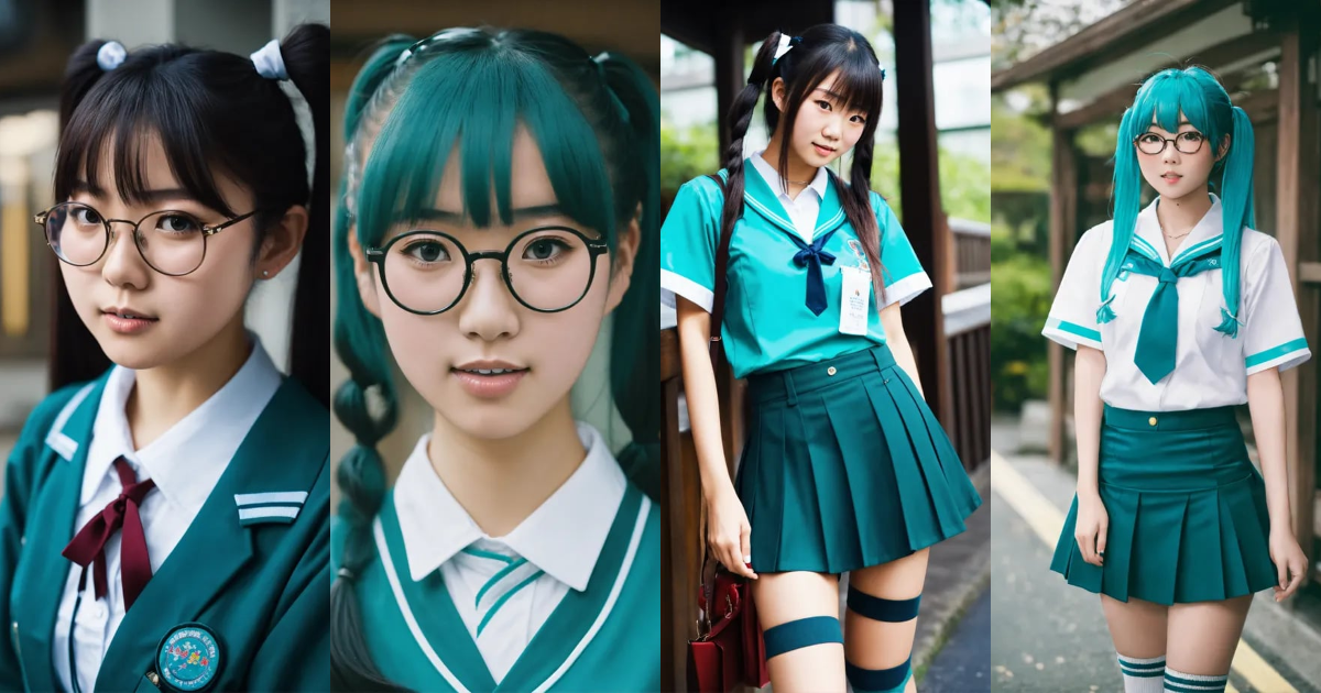 Lexica - Japanese Girl with twin tails and glasses in teal plastic ...