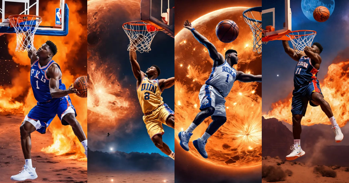 Lexica - Zion Williamson dunking flaming basketball on the moon.