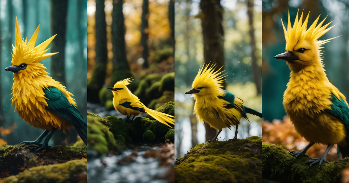 Lexica - A realistic zapdos animal among the trees, forest lake, moss ...