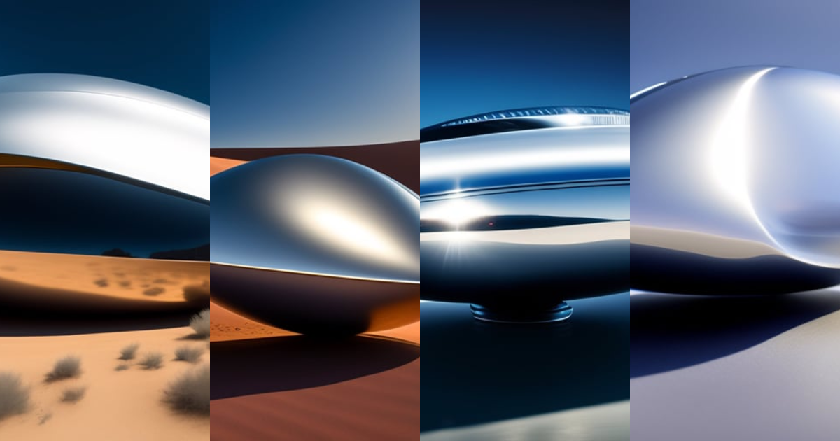 Lexica - Small shell-shaped silver spaceship against the blue sky