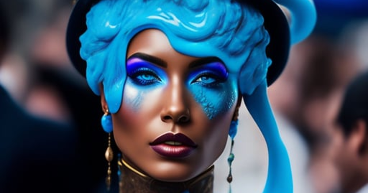 Lexica - A woman is melting into blue slime in a steampunk armor