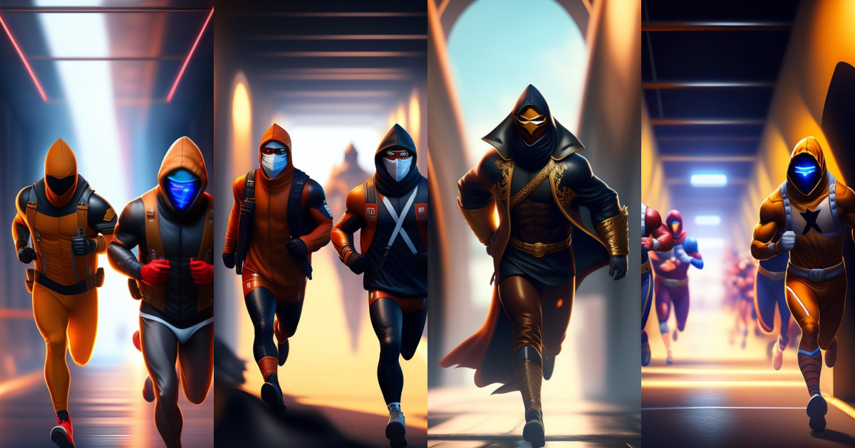 Lexica - An oil painting 4 masked men waering balaclavas, running in a ...