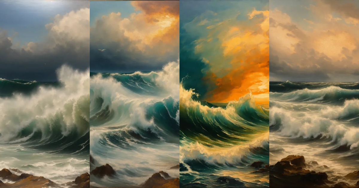 Lexica - Aged baroque-style oil painting depicting turbulent waves in ...