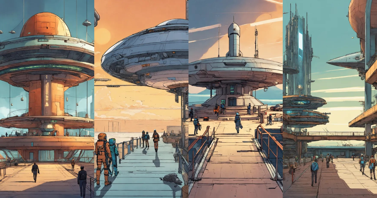 Lexica - A large open futuristic dock for spaceships. People walking ...