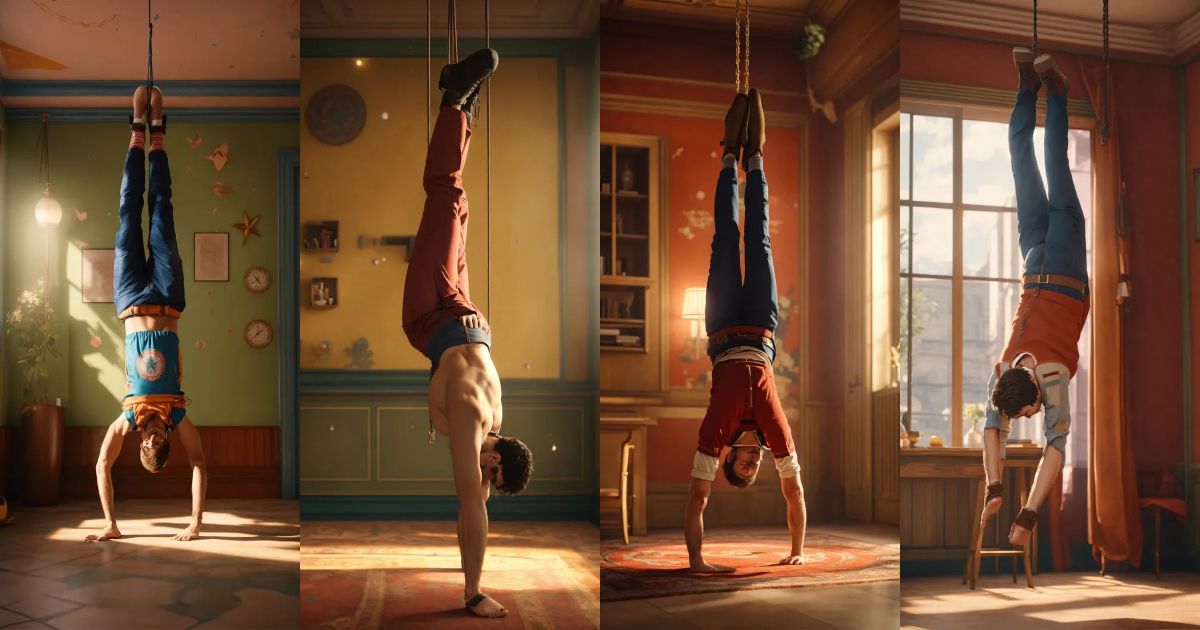 Lexica - A man hanging upside down by his leg while his other leg is crossed at the knee ...