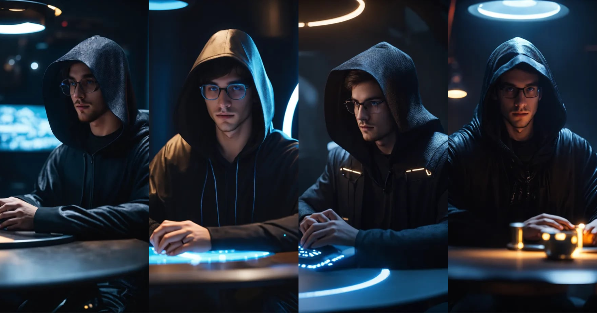 Lexica - Nerdy 25 year old male hacker wearing futuristic black cloak ...