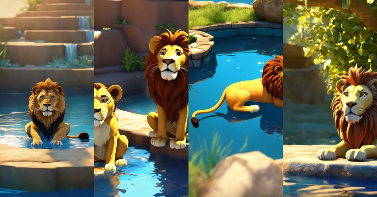 Lexica - 3d animation style cartoon lion seating at edge of blue water ...