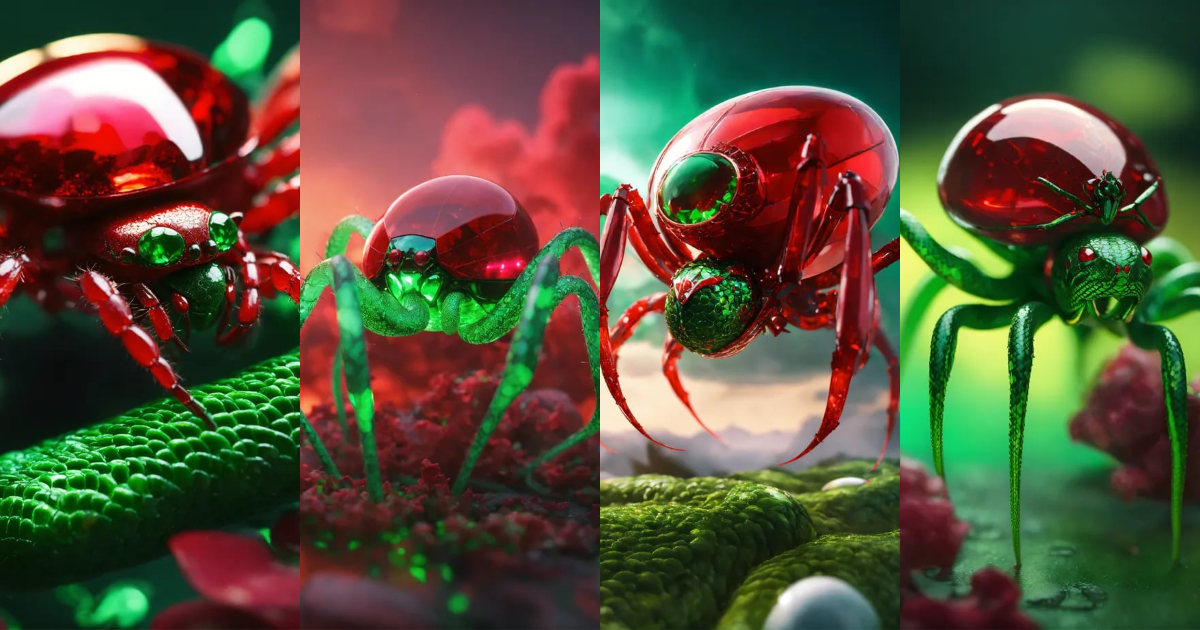 Lexica - Red Ruby Spider concept, made out of green emerald snake ...