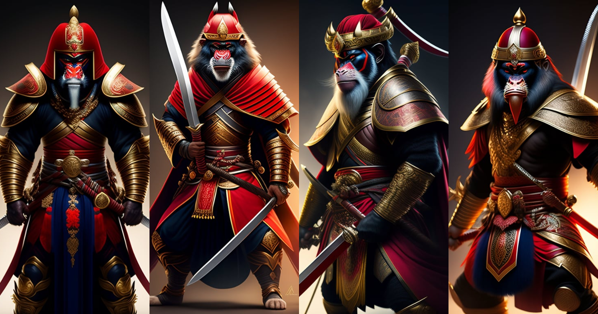 Lexica - Award-winning photo of a Mandrill samurai, red eyes, holding ...