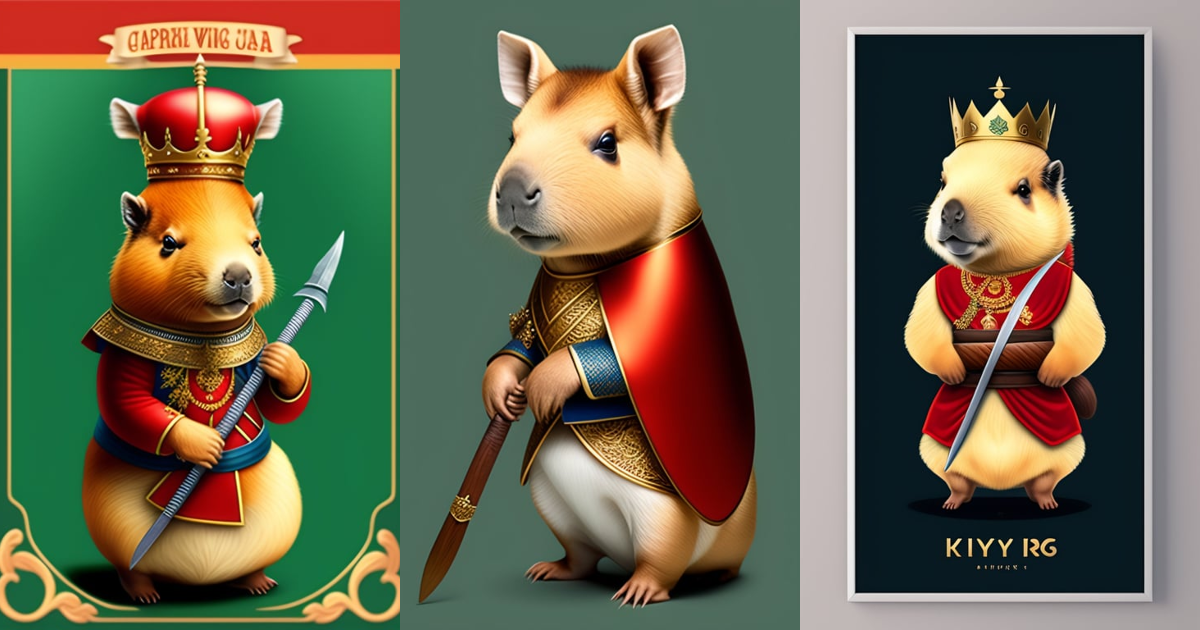 Lexica - Capybara dress of king with a sword and shield, cute, 2d, cartoon