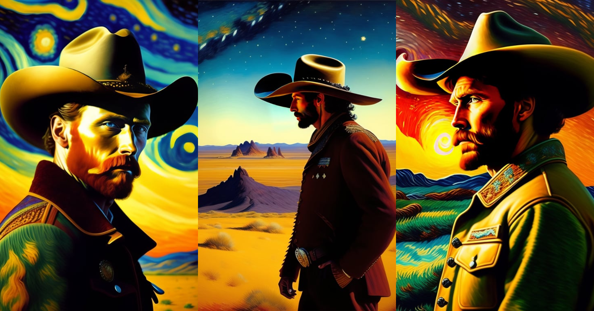 Lexica - On a distant planet a man with a cowboy hat look to the ...
