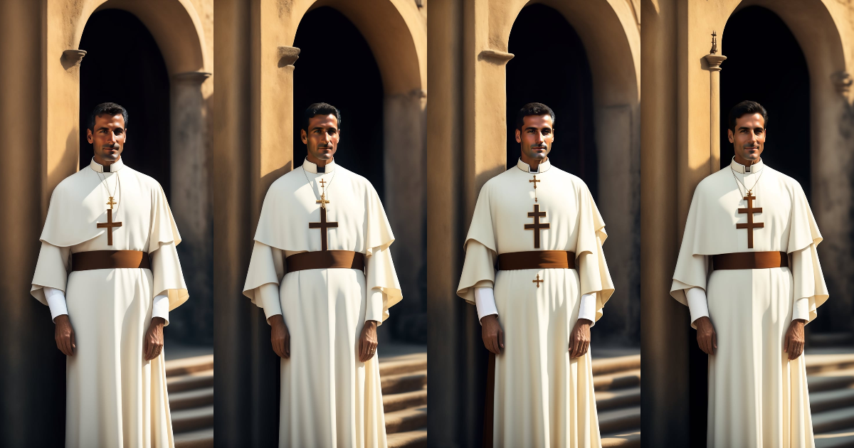 Lexica - Italian priest with short brown hair. Calm. white tunic. With ...