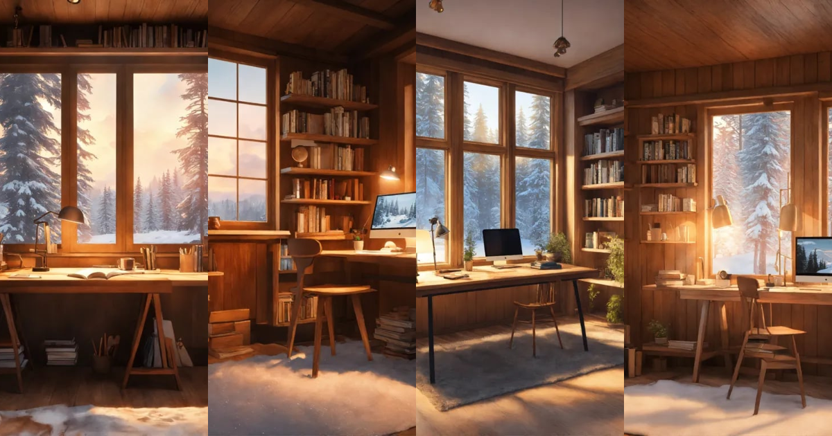Lexica - Nordic forrest house, wooden study room, window centered in ...