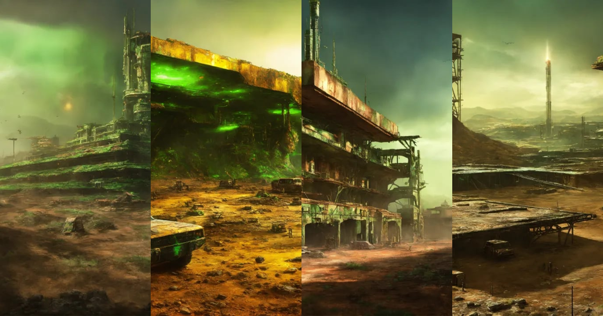 Lexica - Tiberium infected land with corroded structures.
