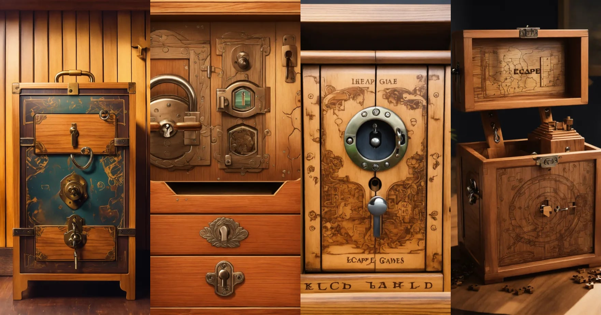 Lexica - Realistic glossy wooden escape game box, with humoristic ...