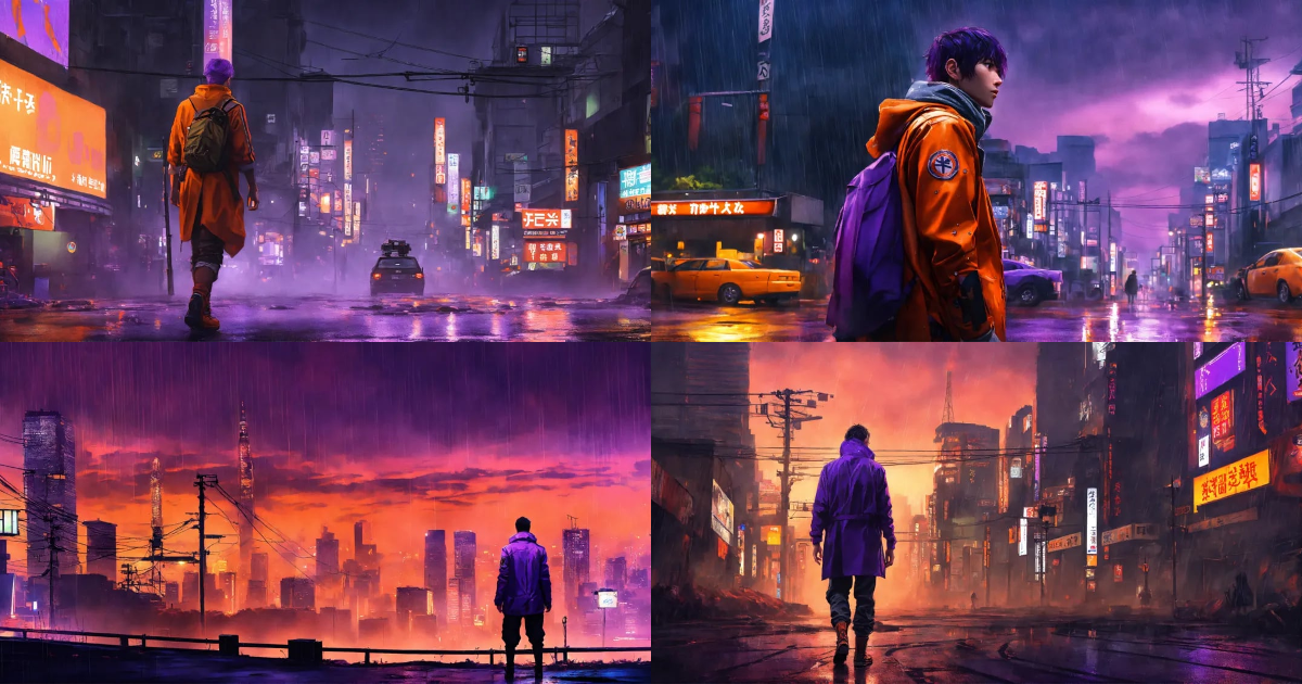 Lexica - Tokyo, post-apocalyptic, rainy mood, purple, orange, athletic man