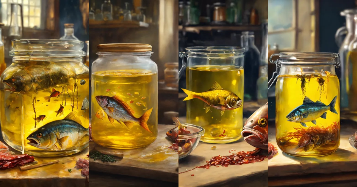 Lexica - Concept art of a vintage glass of yellow oil, fish head and ...