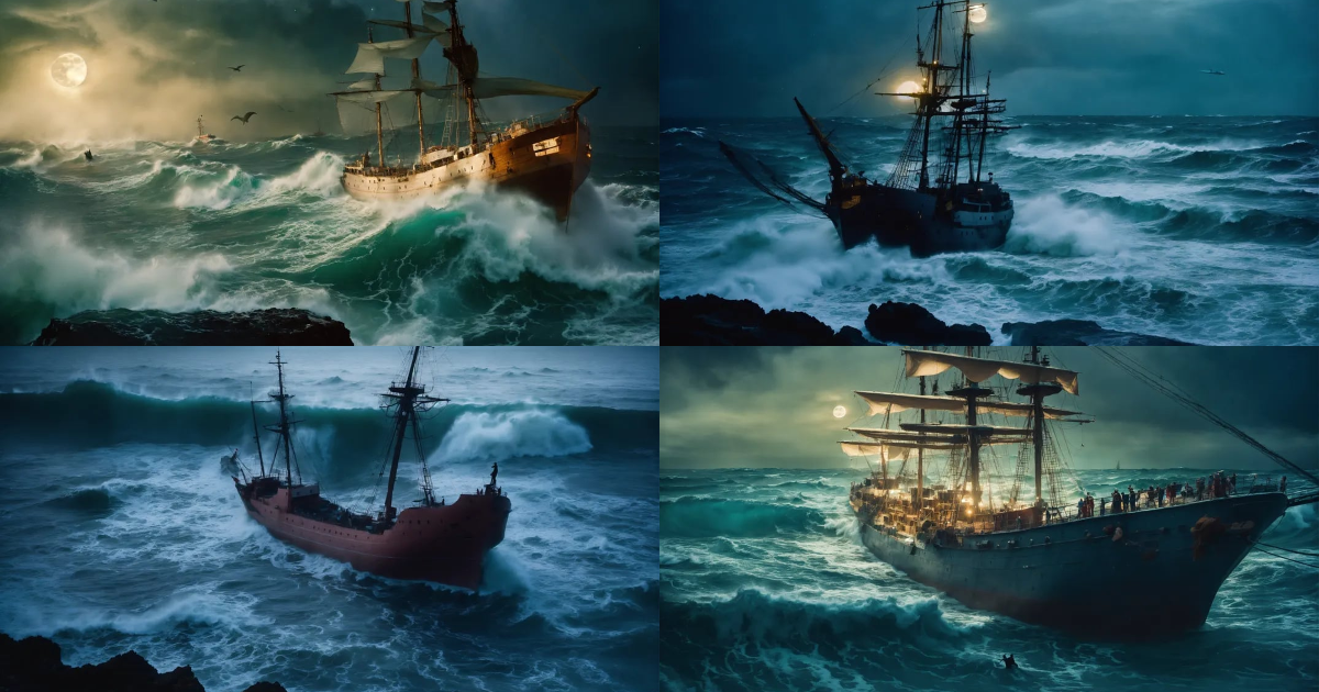 Lexica - Rocky coast, ship sinking, mermaids swiming around the ship, 70s, photography, ethereal ...