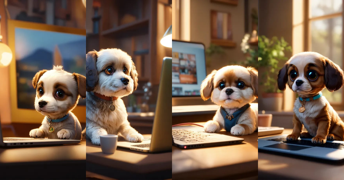 Lexica - Cute small humanoid dog sitting in front of laptop ,unreal ...