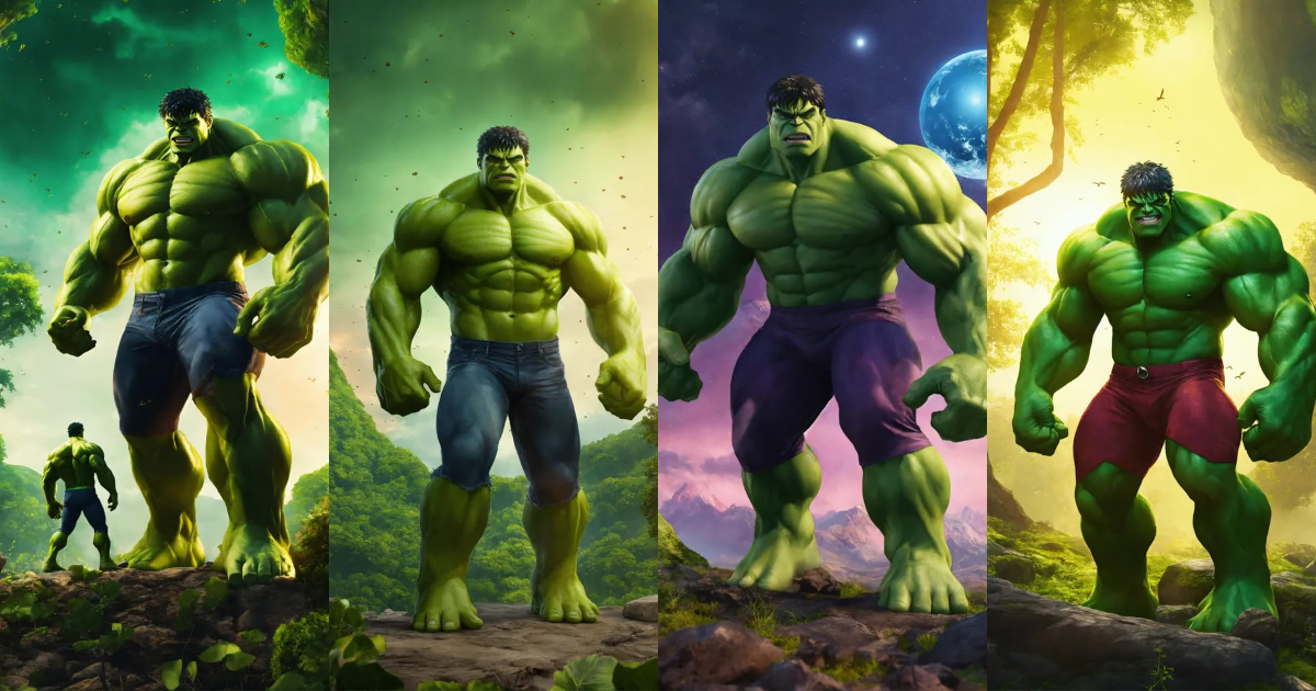 Lexica - Hulk meets Hulk in the multiverse, nature background, 2D render