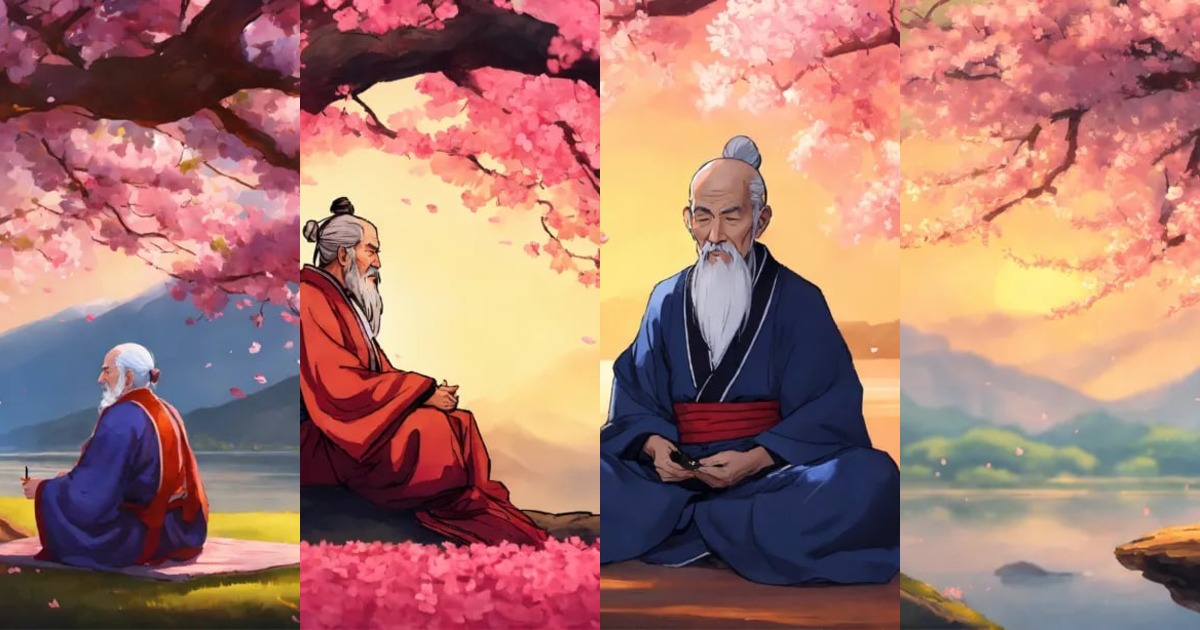 Lexica - A hand drawn painting of a an old zen master sitting under a ...