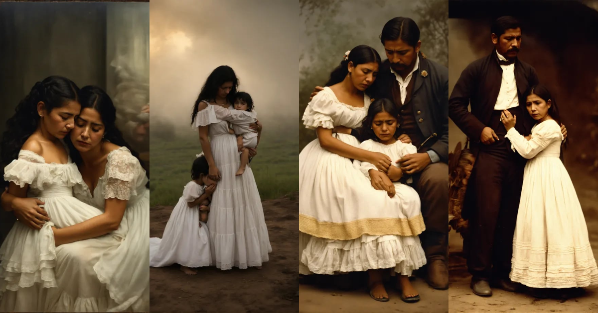 Lexica - Sad Mexican woman in a white dress hugs a sad man with two ...
