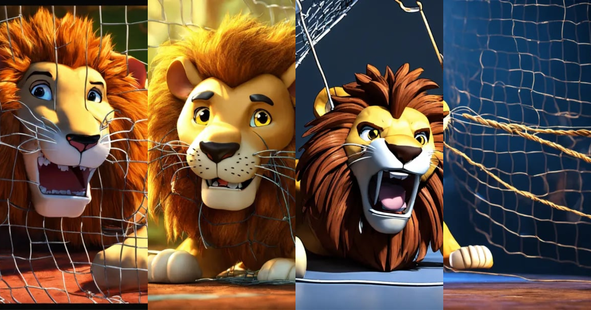 Lexica - Cartoon 3d big lion trapped in net, mouse cutting net by its teeth