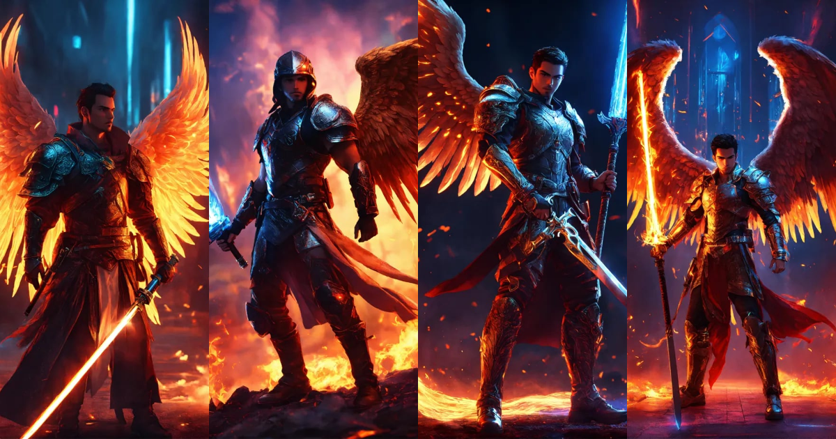 Lexica - Angel Miguel with fire sword, ultra definition, neon lights ...