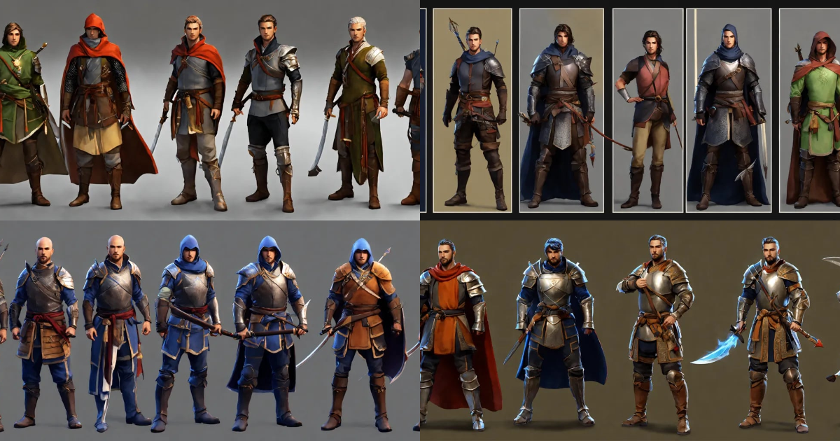 Lexica - 4 realistic full body male figures (mage, knight, archer ...