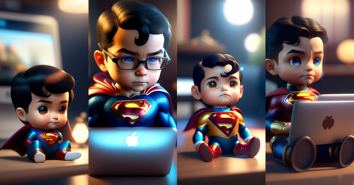 Lexica - Cute small humanoid superman sitting in front of laptop ...