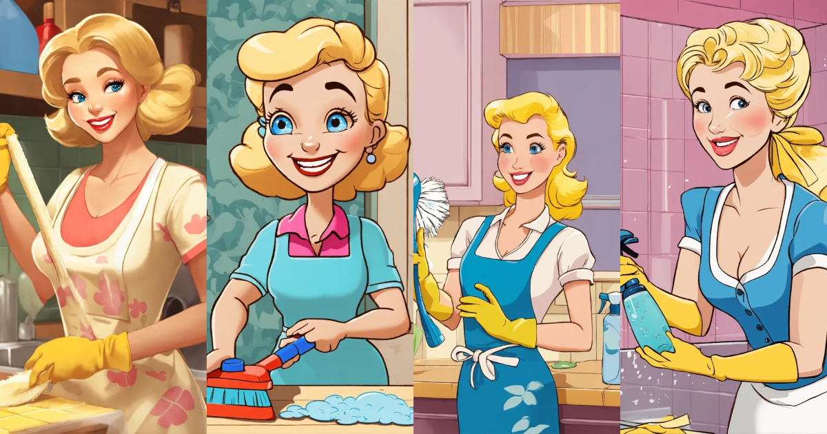 Lexica - Cartoon lady cleaning, dusting, blonde, winking