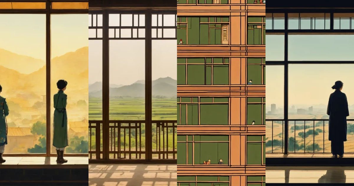 Lexica - Some people look over tall building windows, rural china ...