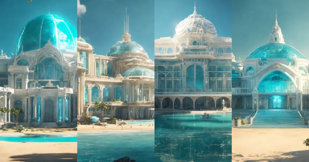 Lexica - Full image of a massive white sci fi palace with an aquamarine roof, built on a beach ...