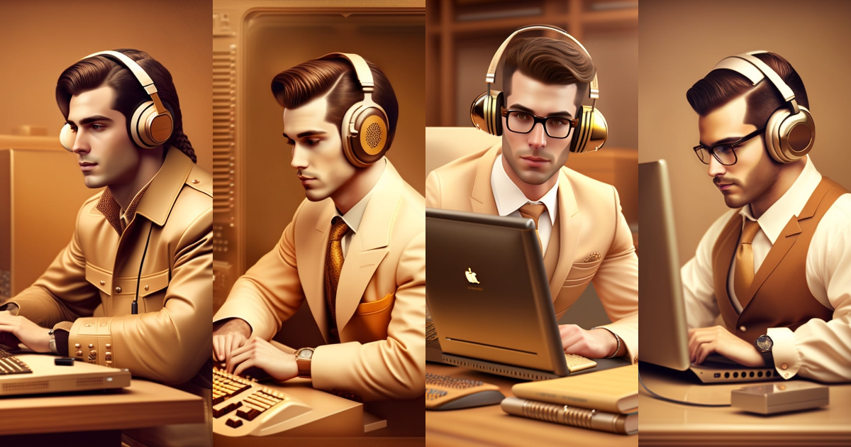 Lexica - Male computer programmer with headphones and keyboard, vintage ...