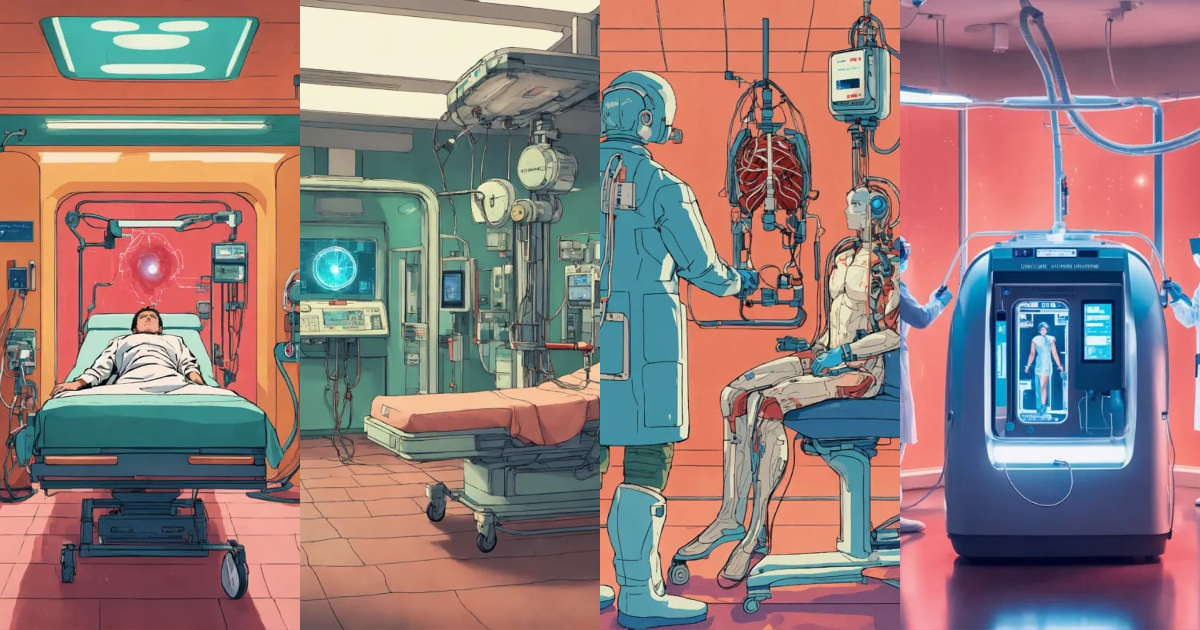 Lexica - Un cœur humain malade dans un univers rétro futuriste, branché sur des machines d’hôpital